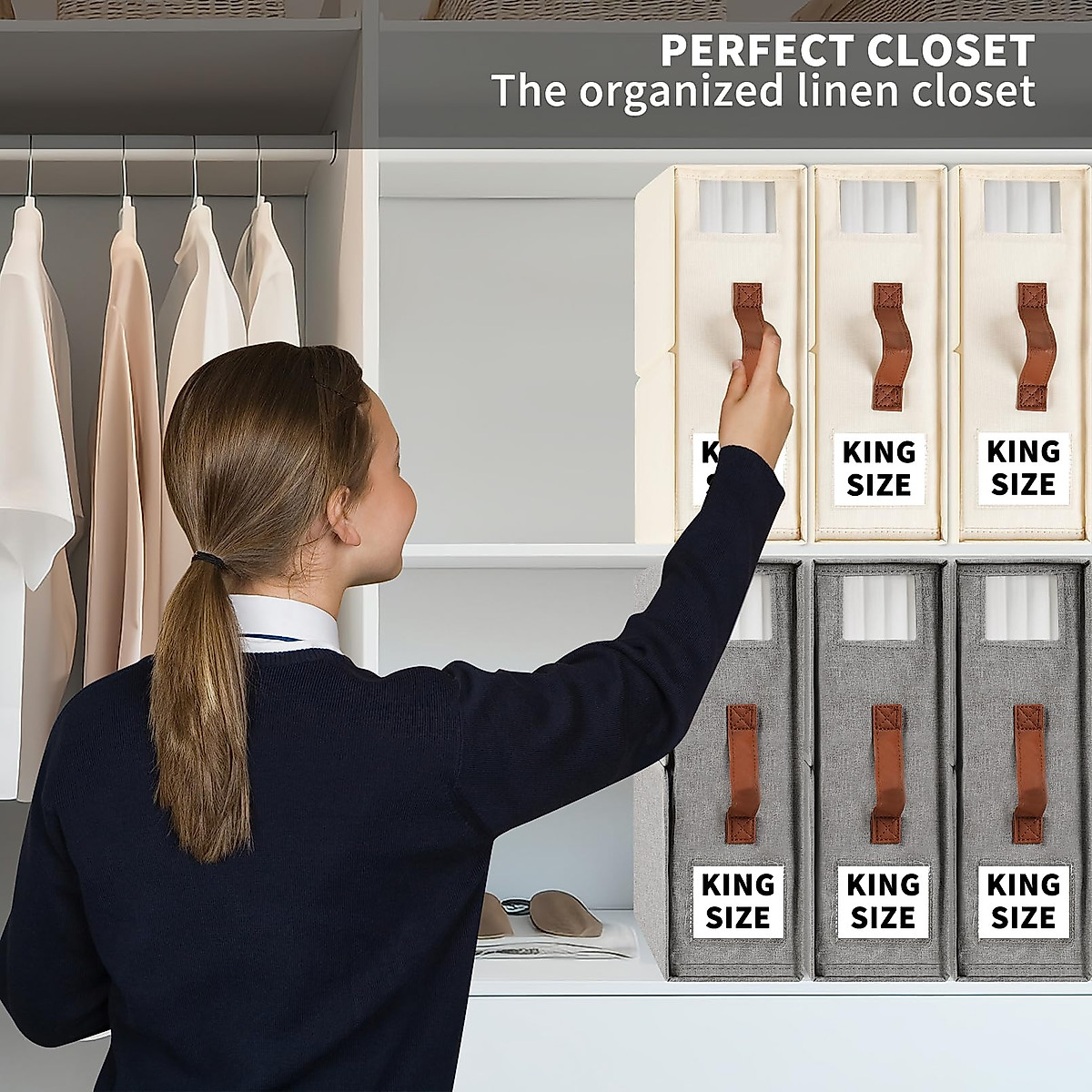 BettMorrow 6 Pack Bed Sheet Organizers and Storage (Queen & King Size) Sheet Organizers for Linen Closet Under bed Storage Sheets Set Organizers with Handle Window Foldable Bedding Storage Box Beige