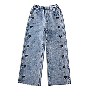 NABER Kids Girls' Casual Elastic Waist Denim Pants Heart Pattern Wide Leg Fashion Jeans Age 4-14 Years (14-15 Years) Blue