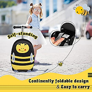 HONEY JOY Kids Scooter Suitcase, 18” Children Carry on Scooter Luggage w/Light-up LED Wheels, Waterproof Shell & Retractable Handle, Lightweight Foldable Ride on Suitcase