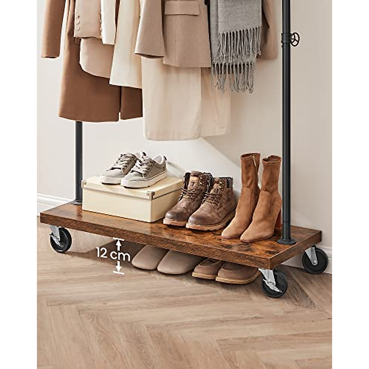 VASAGLE Clothes Rail for Bedroom, Heavy-Duty Clothes Rack, Industrial Pipe Rolling Garment Rack with Shelf, Top Rail Max. Load 90 kg, Laundry Room, Retail Store, Rustic Brown and Black HSR65BXV1