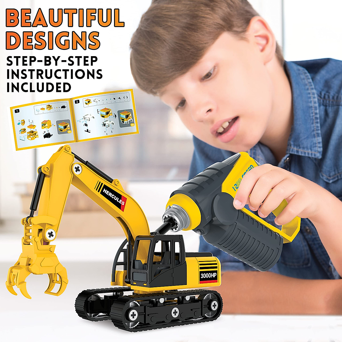 188 PCs Take Apart Excavator and Flatbed Tractor Truck Construction Toys - DIY Building Vehicle Playset Toy w/Drill, Lights & Sounds for Kids, Boys and Girls Ages 5 6 7 8 Years Old