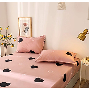 Girls Cute Heart Pattern Fitted Sheet for Kids King Size Lovely Pink Black Bedroom Decor Bed Sheet Set Girly Cartoon Love Geometric Bedding Set Children Modern Design Bed Cover with 2 Pillow Case