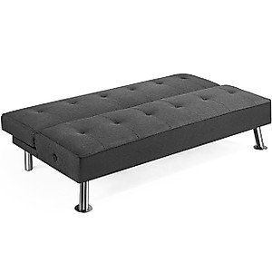 Topeakmart Fabric Futon Sofa, Convertible Futon Bed, Folding Couch, Sectional Sleeper Sofa for Small Space with USB Ports, Folding Sofa for Compact Living Space, Apartment, Office, Living Room Gray