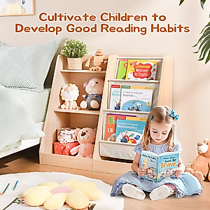 infurnic 3 Tier Kids Wooden Bookshelf Baby Toddler Bookshelf and Toy Storage Organizer with Three Layer Sling Bookcase for Kids Room Playroom Nursery Classroom