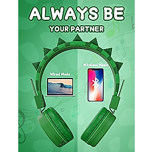 SIMJAR Kids Bluetooth Headphones with Microphone for School, Dinosaur Over-Ear Kids Wireless Headphones with Volume Limiter 94dB, Foldable Adjustable Headband for iPad/Airplane/Travel/Tablet (Green)