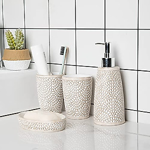 MyGift 4 Piece Vintage White Bathroom Accessories Set, Includes Lotion Pump Dispenser, Tumbler, Toothbrush Holder, and Soap Dish