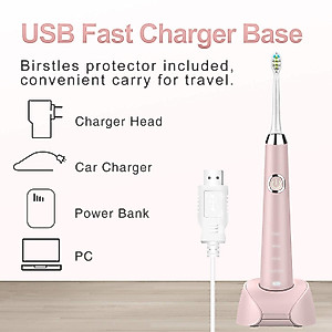 HINNEX Sonic Electric Toothbrush H3 Series Rechargeable Power 4 Modes with Smart Timer for Tooth and Gum Care, 1 Holder and 2 Replacement Brush Heads, Oral Care Whitening (Pink)