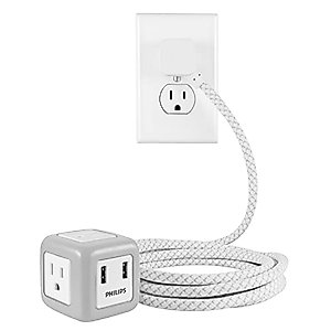 Philips 3-Outlet Cube Cord with 2 USB-A Ports, 10 Ft Extension Cord, Adapter Spaced Outlets, Grounded, Space Saving, Flat Plug, Outlet Extender, Rubberized Finish, ETL Listed, Gray/White, SPS3102WB/37