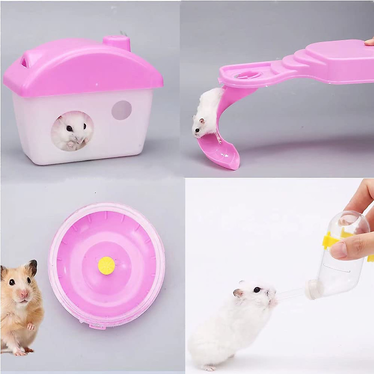 Zhang Ku 2-Tier Portable Travel Cage for Small Animals, Dwarf Hamster Travel Carrier with Carry Handle Exercise Wheel Water Bottle and Food Dish, 6.7 x 11.8 x 9.1 Inch (Pink) (SSS441)