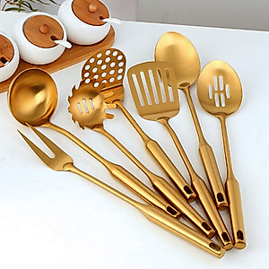 7 Pcs Round Handle Cooking Utensil Set, 304 Stainless Steel Gold Titanium Plated Cookware Sets with Public Fork/Spoon, Potato Mashers, Slotted Spatula, Soup Ladle, Pasta Server, Kitchen Tool Gadget