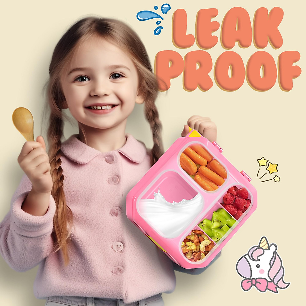 AmazingLife Lunch Box for Girls, Kids Bento Lunch Box with Compartments, Salad Container for Lunch, Kids School Supplies Ideal for Ages 3+, Drop-Proof, Reusable On-the-Go Meal and Snack Packing