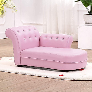 HOMGX Pink Kids Sofa, Princess Armrest Chair Couch with Ottoman & Embedded Crystal, Kids PVC Leather Sofa for Toddler Girls Bedroom