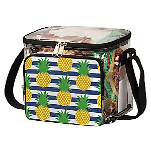 bisibuy Pineapple Striped Background Clear Lunch Bag Stadium Approved PVC Plastic See Through Lunch box with Adjustable Strap for Sports Events Concerts Office