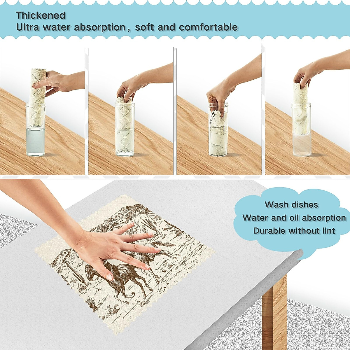 Hand Drawn Brown Retro American Wild West Desert Horse with Cowboy 6 Set Kitchen Dish Towels, Washcloths Cleaning Cloths Dish Cloths, Absorbent Towels Lint Free Bar Tea Soft Waffle Towel 11"x11"