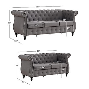 Tbfit Chesterfield 2 Piece Living Room Sectional Sofa Set with Rolled Arms, Classic Button Tufted Sofa with Nailhead Trim, Upholstered Chesterfield Couch with Gourd Wooden Legs, Bedroom, Grey