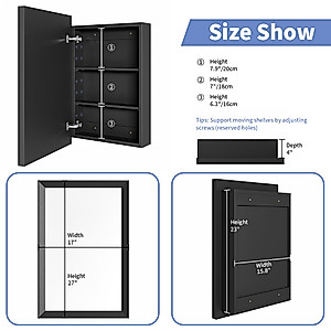 AGDULL Retro-Style Medicine Cabinet with 17’’x27’’ Solid Wood Mirror Frame, Bathroom Recessed Wall Cabinet, Living Room Wood Storage Cabinet, Black