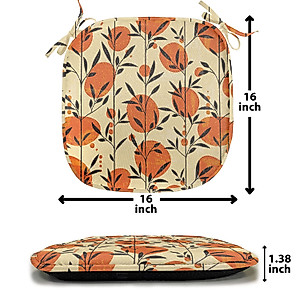 Lunarable Nature Chair Seating Cushion Set of 2, Floral Flower Ivy with Leaves Botanical Forest Trees and Circled Backdrop, Anti-Slip Seat Padding for Kitchen & Patio, 16"x16", Orange Black Cream