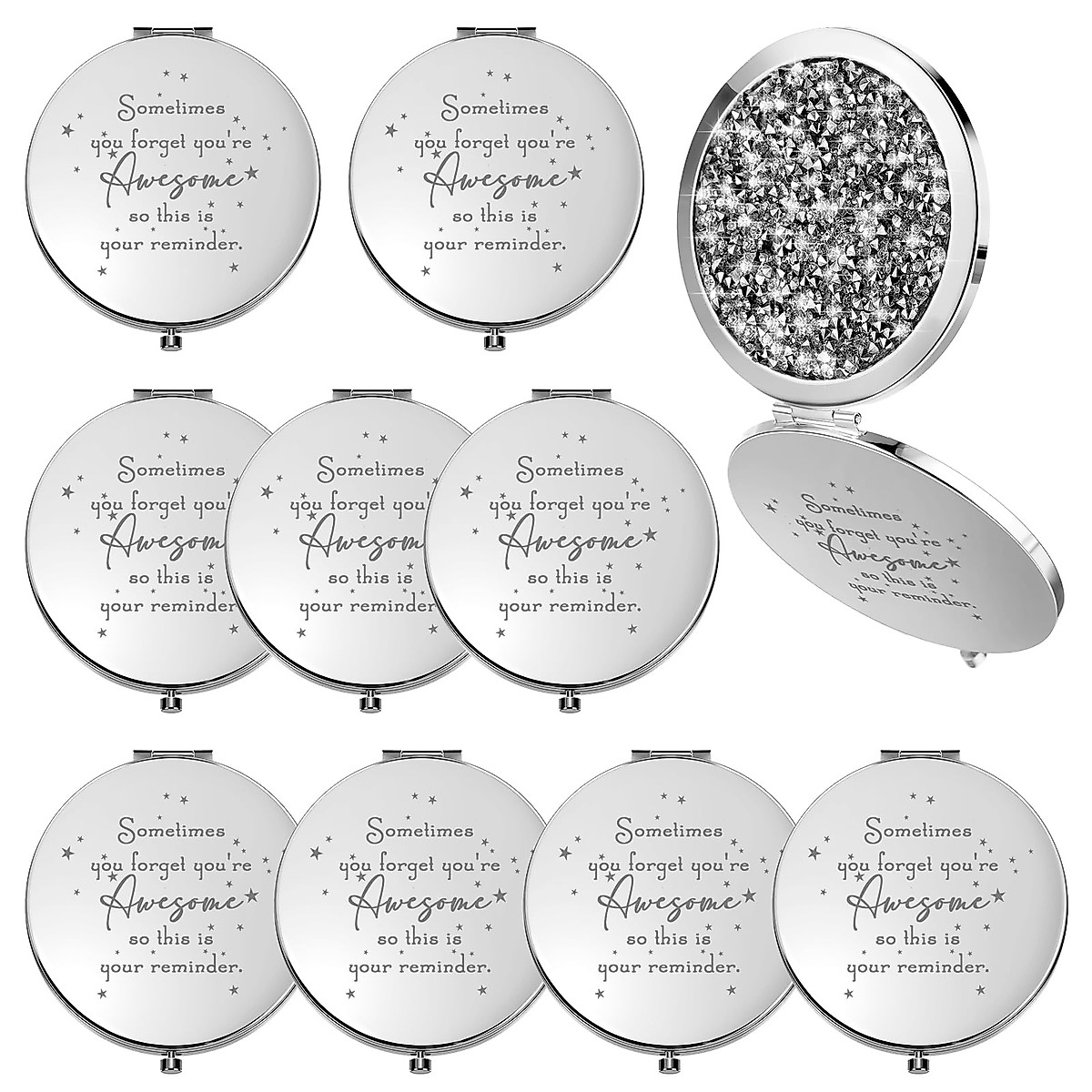 Roowest 10 Pcs Inspirational Compact Mirror Sometimes You Forget You're Awesome Appreciation Thank You Gifts for Women Employee Coworker Staff Birthday Favor Magnifying Pocket Mirror (White)