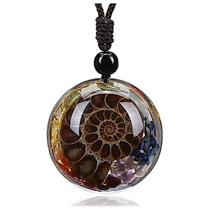 Jovivi 7 Chakra Gemstone Reki Healing Crystal Necklace Round Circle Shape Ammonite Fossil Chip Stones Resin Pendant Necklace for Women Men Jewelry Christmas Gifts