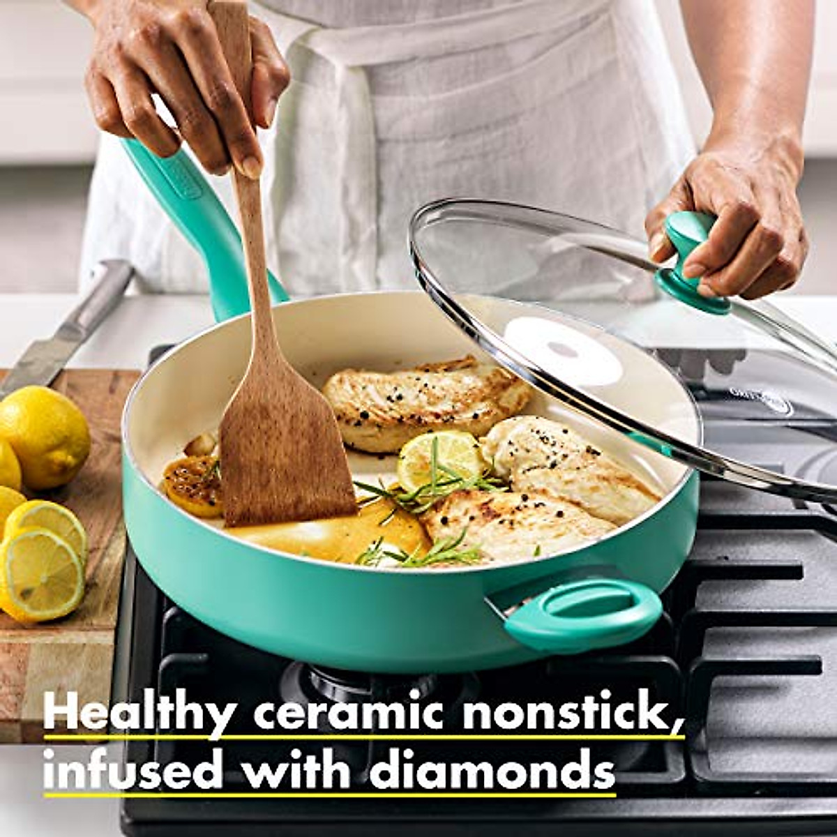 GreenPan Rio Healthy Ceramic Nonstick, Saute Pan with Lid, 5QT, Turquoise