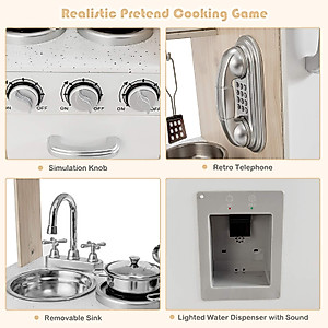 Costzon Kitchen Playset for Kids, Wooden Pretend Cooking Kitchen w/Utensils, Oven, Cabinets, Faucet, Sink & Telephone, Toddlers Play Kitchen Set with Accessories Gift for Age 3+ (Natural)