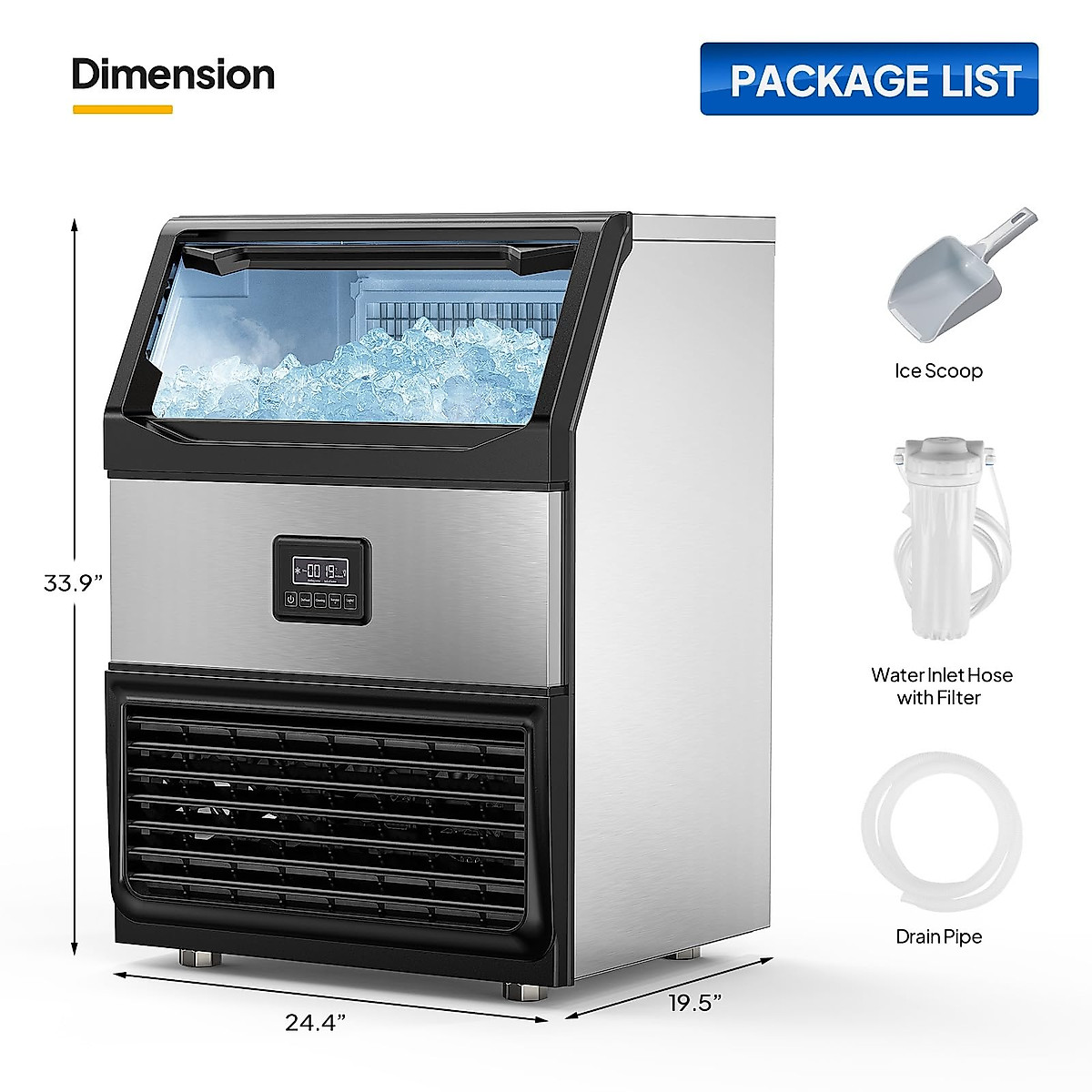 ROVSUN 440LBS/24H Commercial Ice Maker, Freestanding/Under Counter Industrial Ice Machine with Time Reservation, 77lbs Storage Bin, LED Panel & Water Filter for Home Office Restaurant Bar Cafe