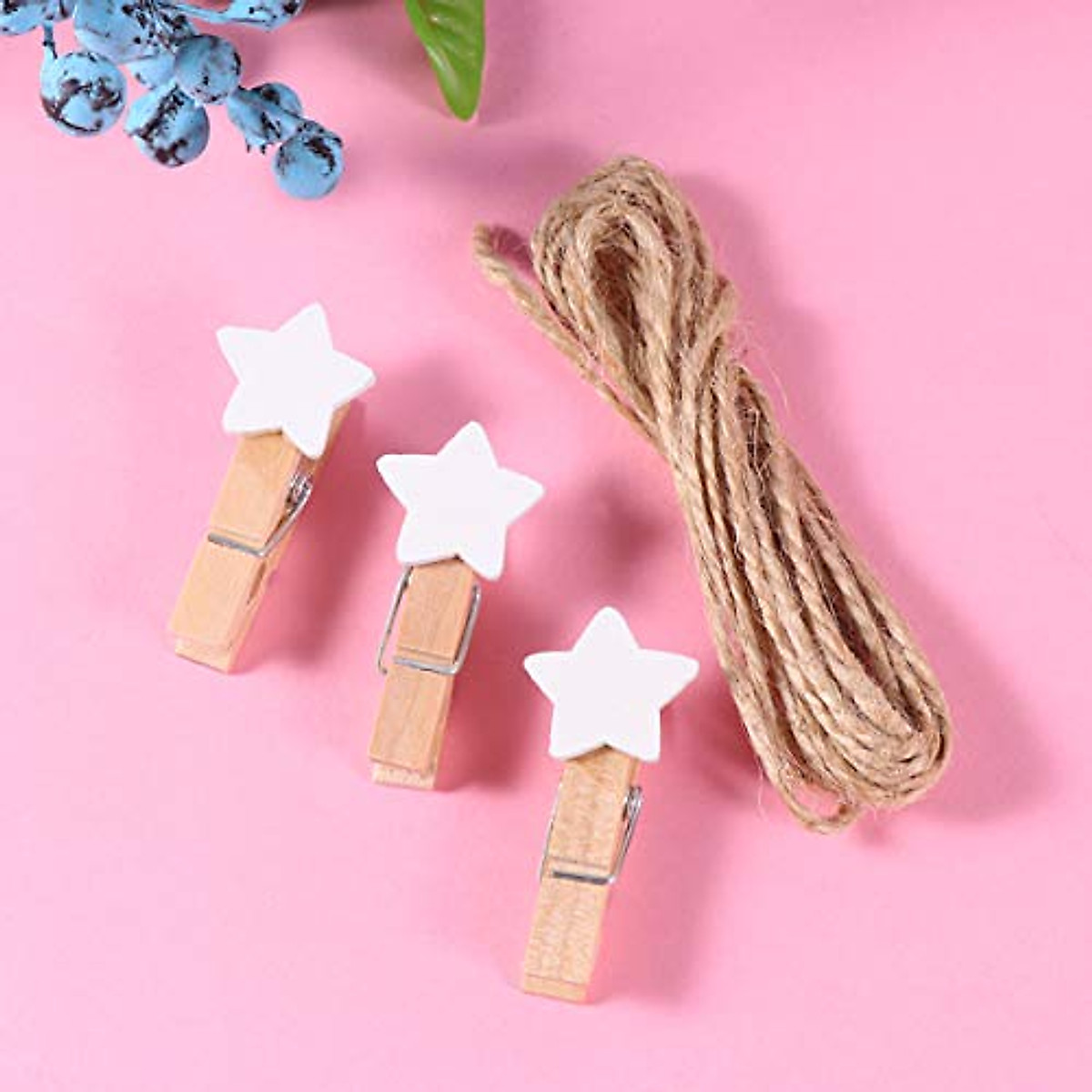 HEALLILY 100pcs Mini Wooden Clothespins Star Shape Wall Hanging Clips Photo Clips Picture Pegs Craft Clips with Rope White