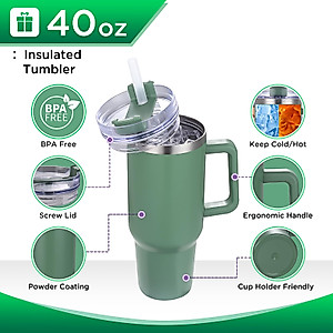 LITHOS Store Premium 40 Oz Stainless Steel Tumbler - Handle & Straw, Insulated Travel Mugs- Hot and Cold Beverages - Includes Bonus Cleaning Brush & Silicone Straw Cover Cap Sky Blue - Ideal Gift