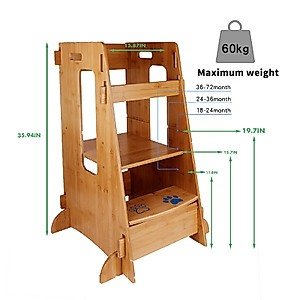 Learning Tower, Bamboo Height Adjustable Toddler Tower, Professional Toddler Kitchen Stool Helper, Kitchen Helper Stool for Toddlers, The Toddler Step Stool with Painting Tools.