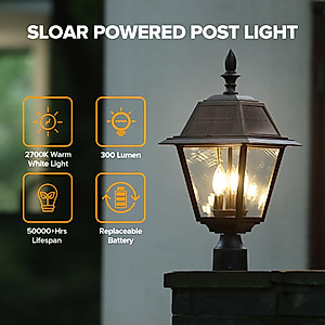 LUTEC Outdoor Solar Lamp Post Light, Dusk to Dawn 300LM Waterproof Pole Light Head with 4 Pcs Glass, Exterior Solar Powered Fence Post Light Fixtures for Garden, Patio, Yard(Brown)