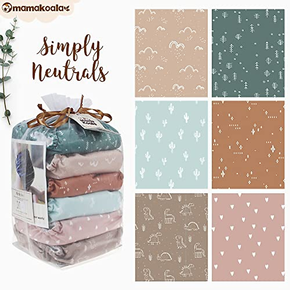 Mama Koala 2.0 Baby Cloth Diapers with AWJ Lining and Tummy Panel, Washable Reusable Pocket Diapers, 6 Pack with 6 Bamboo Diaper Inserts (Simply Neutrals)