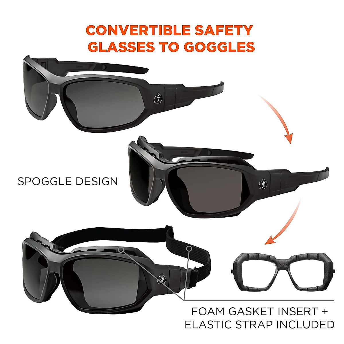 Ergodyne - 56033 Skullerz Loki Convertible Anti-Fog Safety Sunglasses, Smoke Lens- Includes Gasket and Strap to Convert to Goggle Anti-fog Smoke Lens, Black Frame