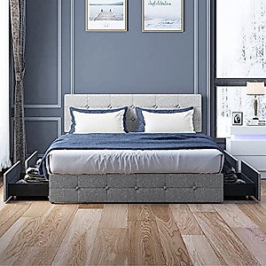 BALUS King Size Platform Bed Frame, Upholstered and Button Tufted Headboard Square Stitched, 4 Storage Drawers, Headboard Adjustable, No Box Spring Needed- Light Grey