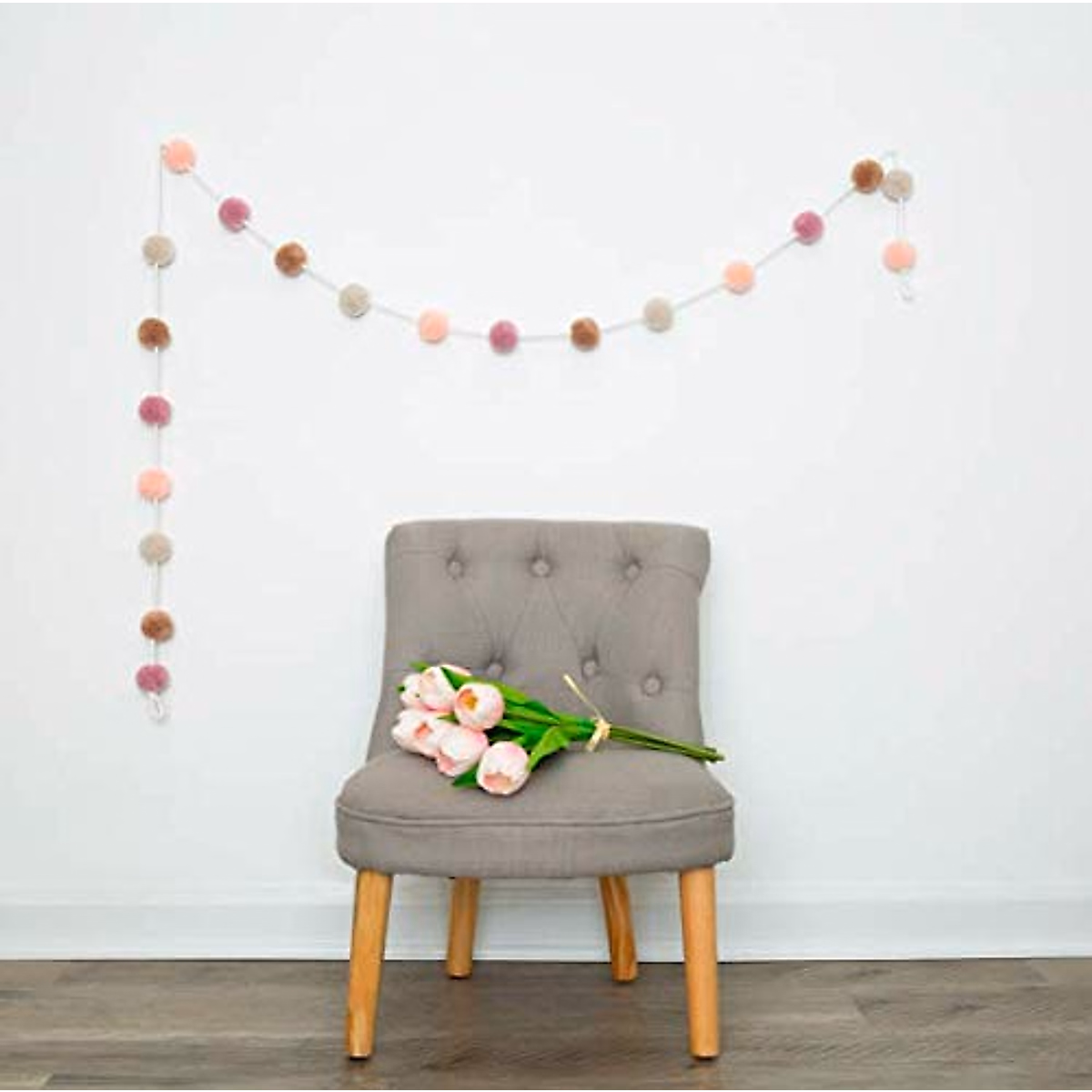Pink Pom Pom Garland | Felt Ball Garland for Nursery, Baby Shower, Birthday and Mother's Day | Boho Bedroom Decor for Girls | Blush Pink, Mauve and Mustard Gold