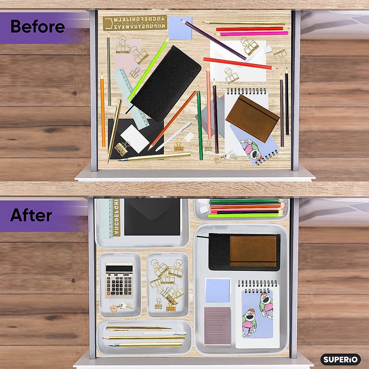 Superio Ribbed Collection - Decorative Plastic Desk Drawer Organizer Tray, White (Set of 5) Open Home Storage Bins Organizer Baskets, for Organizing Closet Shelves Drawer Shelf