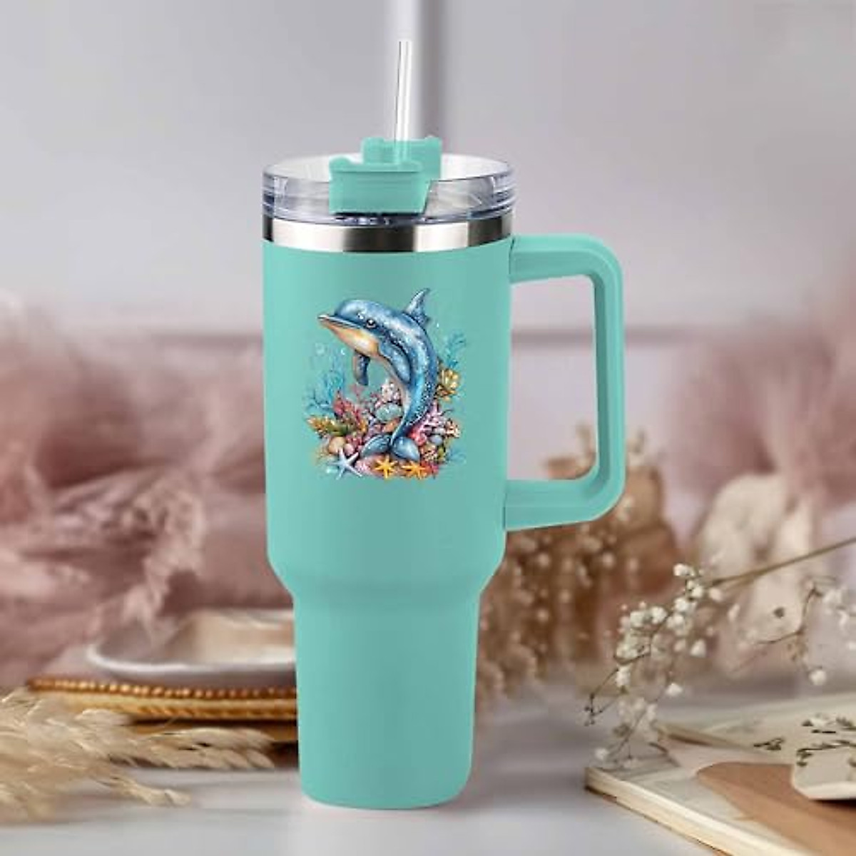 40 ounce insulated cup with handle, double-layer vacuum stainless steel material, equipped with straw, can keep warm or maintain cold drinks Summer Animal Dolphin Starfish Lake Green