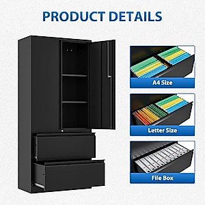 heycode File Cabinet with 2 Drawers - Metal Vertical Lateral Filing Storage Cabinet with Lock - Storage Cabinet with File Cabinet for Home Office Hanging Files Legal/Letter/A4 Size (Black, 2 Drawers)