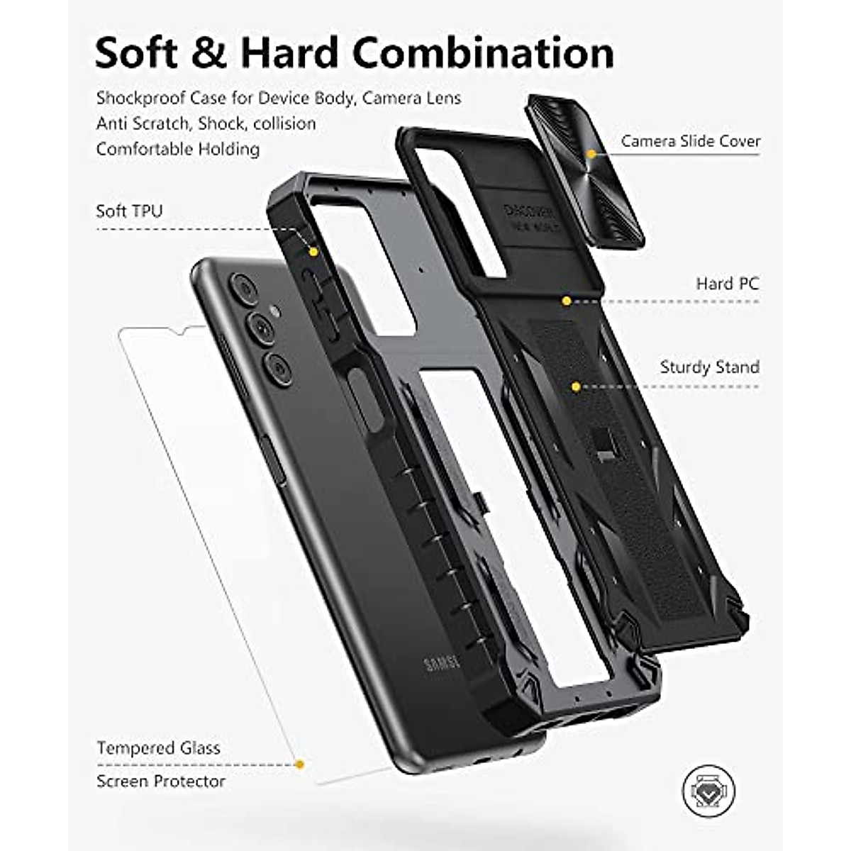 Case Designed for Samsung Galaxy A13-5G: Rugged Protective A13 4G Cell Phone Cover with Built in Kickstand & Slide - TPU Shockproof Bumper Textured Matte Case Military-Grade Drop Protection - Black