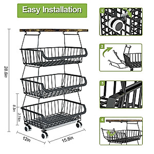 4 Tier Fruit Basket for Kitchen - Stackable Fruit and Vegetable Storage Cart with Wooden Top Rolling Wheels Metal Wire Basket Organizer for Onions Potatoes Storage Utility Rack Bins for Kitchen Pantry