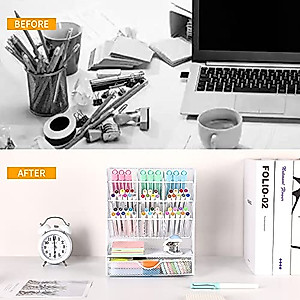 Spacrea Pen Holder Desk Organizer - Desk Organizers and Accessories, Pencil Holder with 10 Compartments and 1 Drawer（White）