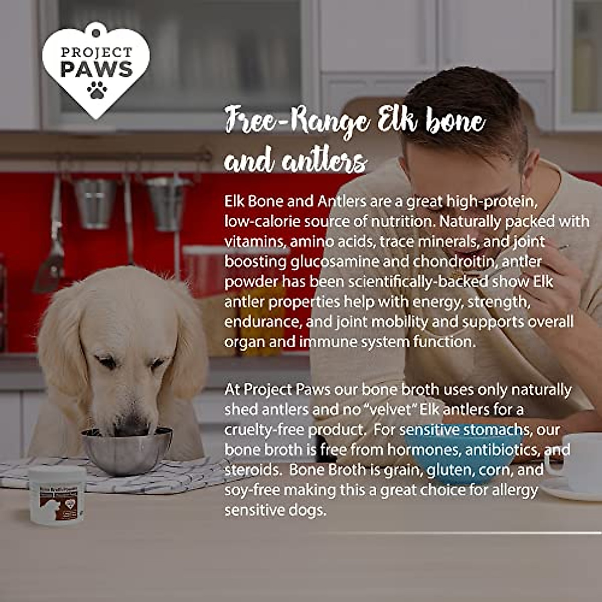 Bone Broth for Dogs with Powdered Elk Antler and Bone - Collagen and Mineral Rich Food Topper for Dogs - Whole Food Superfood Powder Multivitamin for Dogs - 4 oz