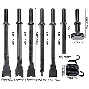 8pcs Smoothing Air Hammer Pneumatic Chisels Tools, 7pcs 0.401'' (10mm) Shank Heavy Duty Pneumatic Air Hammer Chisels High Carbon Steel Accessories Bits with 1pc Spring