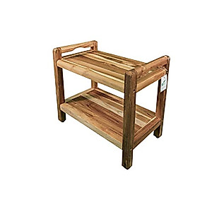 EcoDecors Eleganto Earthy Teak Shower Bench 2-Tier Wooden Seat Spa Shower Stool with Storage Shelf and LtAide Arms,for Indoor and Outdoor- 24 Inches