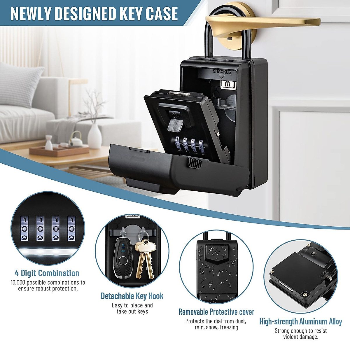 HUANLANG Key Lock Box Outdoor Light Up Lockbox 4 Digit Combination Lock Box for Door Handle Waterproof Key Safe Large Capacity Hide a Key,Security Lock Box for Realtor Home Office Garage Airbnb Gym