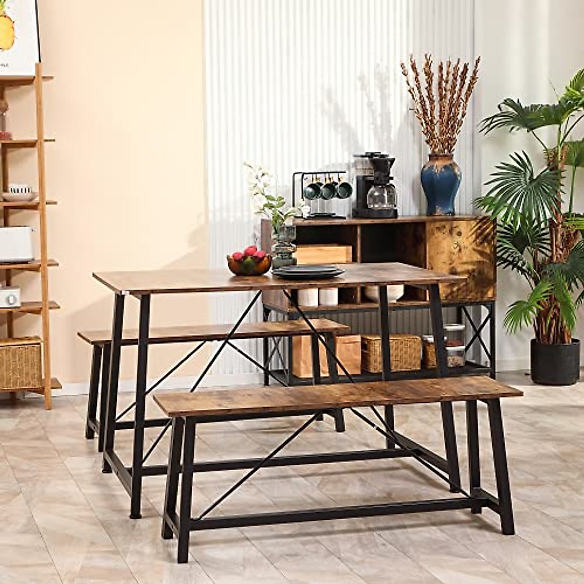HOMCOM Industrial 3-Piece Dining Table Set, Rectangular Kitchen Table and Chairs for 4 People, Space-Saving Dinner Table with Two Benches, Rustic Brown