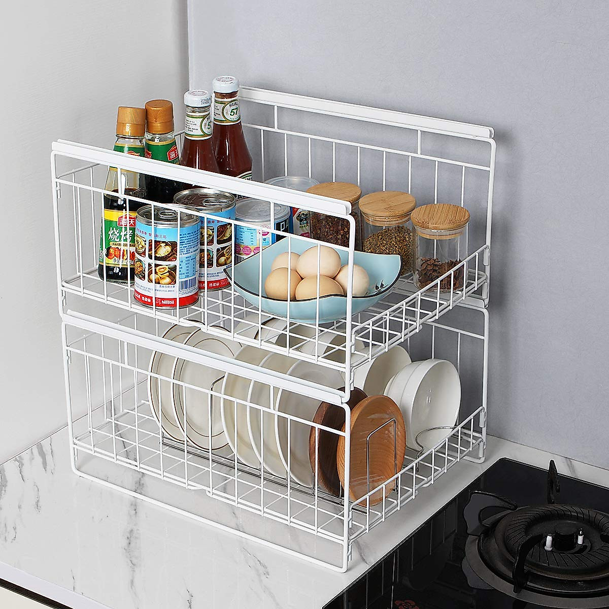 PINNIYOU Storage Organizer, Stainless Steel Free Combination Detachable Multifunctional for Kitchen, Closet, Desk Storage (2 Layers)