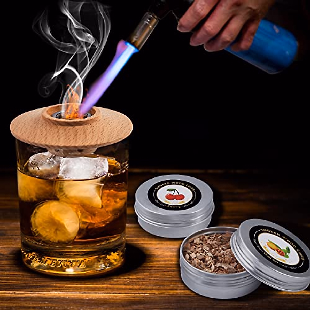 Cocktail Smoker Kit,Old Fashioned Whiskey Bourbon Drink Smoker Kit, Cherry Pecan Apple Oak four Kinds of Wood Chips for Whiskey and Bourbon .For Your Friends, Husband, Dad.（No Butane）