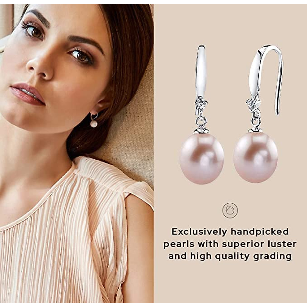 The Pearl Source Genuine AAA Quality 9mm Pink Freshwater Cultured Real Pearl Dangle Earrings for Women | Trendy Valentine Girls Prom Bridesmaid Wedding Earring | 14K Gold Plated 925 Sterling Silver