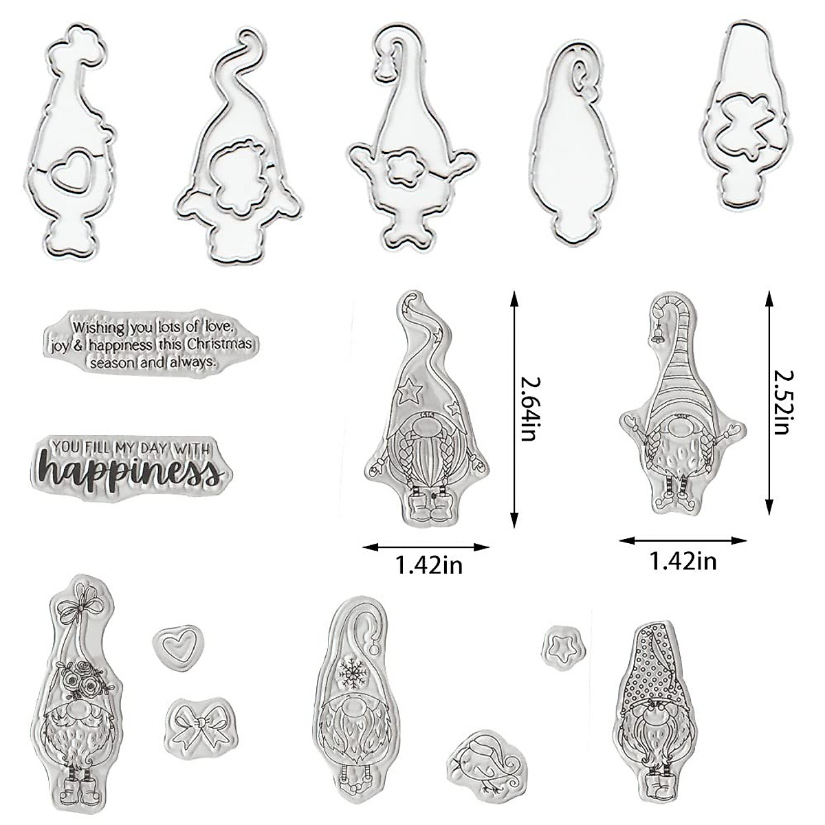 Christmas Gnomes Clear Stamps and Dies for Card Making, Xmas Snowflake Words Transparent Rubber Stamps Christmas Santa Gnomes Die Cuts Seal for DIY Scrapbooking