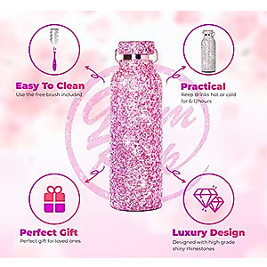 GlamKup Diamond Water Bottle Bling Cup Glitter Water Bottle Rhinestone Dazzling Stainless Steel Insulated Bottle Sparkling Cup Thermos Bottle with Chain Brush Extra Rhinestone